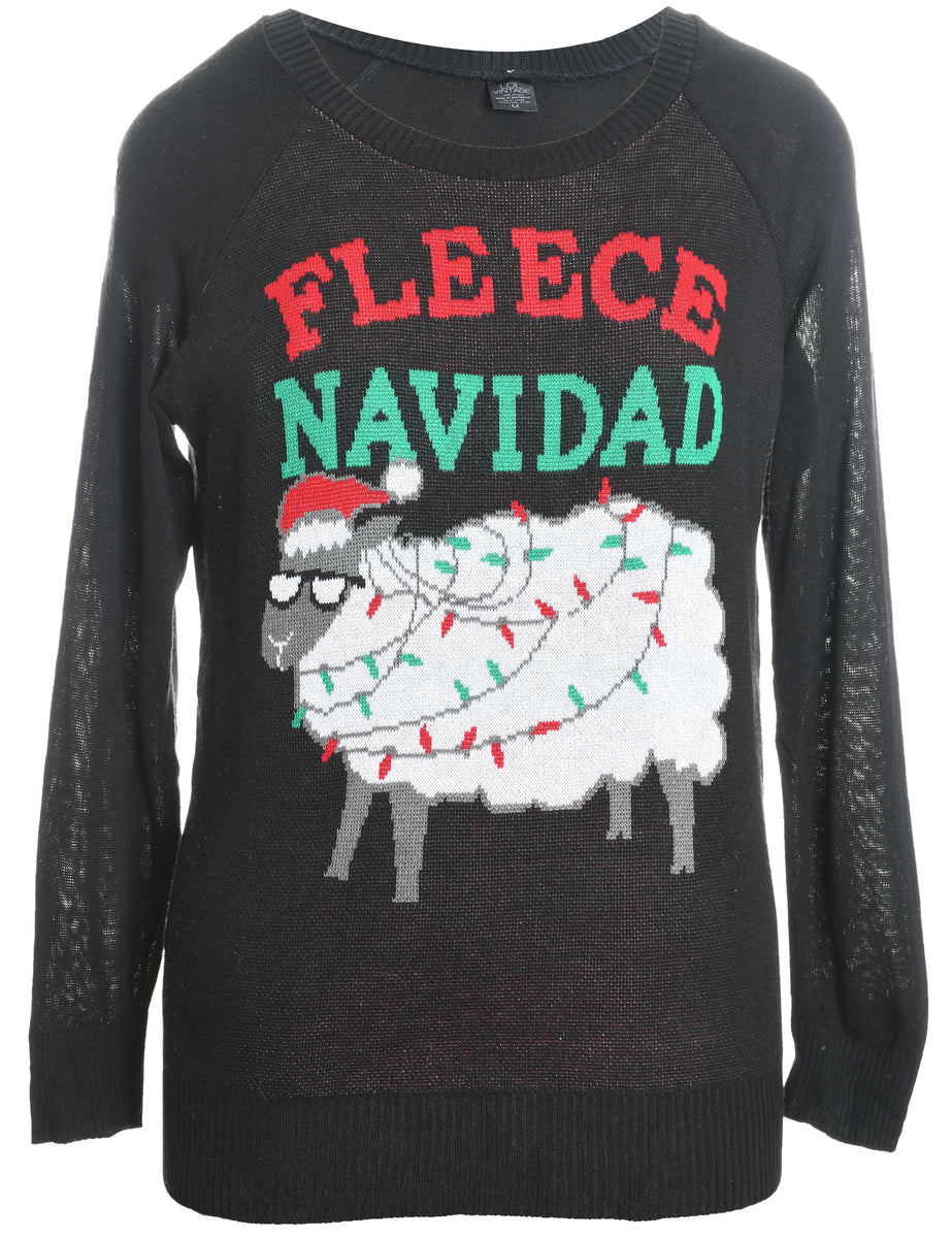 Women's Fleece Navidad Knit Christmas Jumper Black, M | Beyond Retro ...