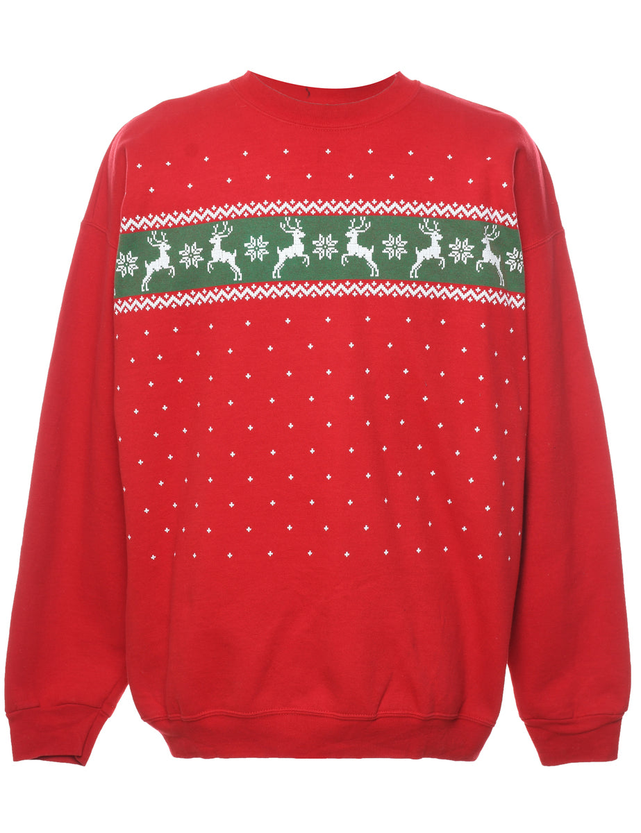 Unisex Reindeer Christmas Sweatshirt Red, XL | Beyond Retro - E00941747