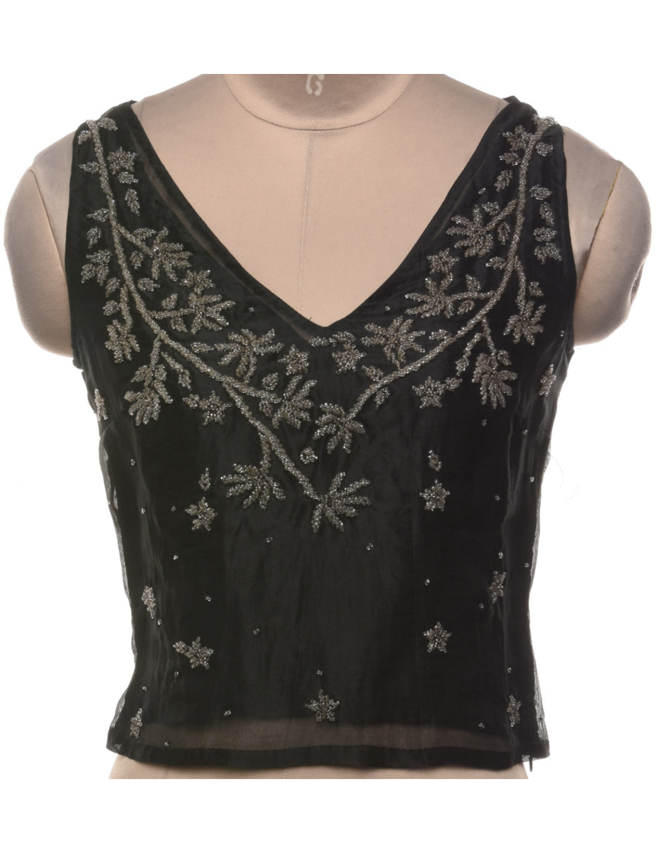 Vintage Women's Beaded Silk Party Top Black, S | Beyond Retro - E00860987