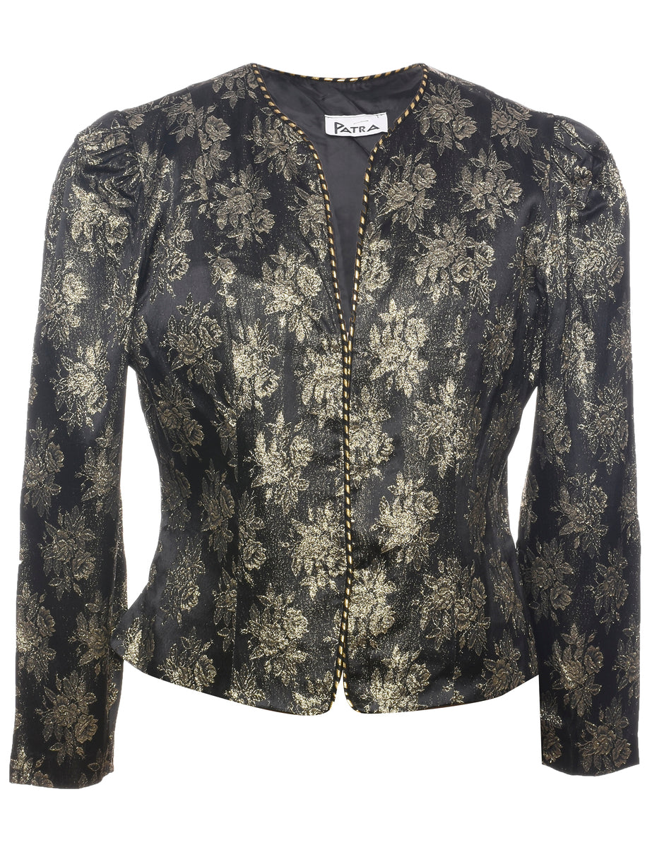 Women's Floral Pattern Black & Gold 1980s Evening Jacket Black, L ...