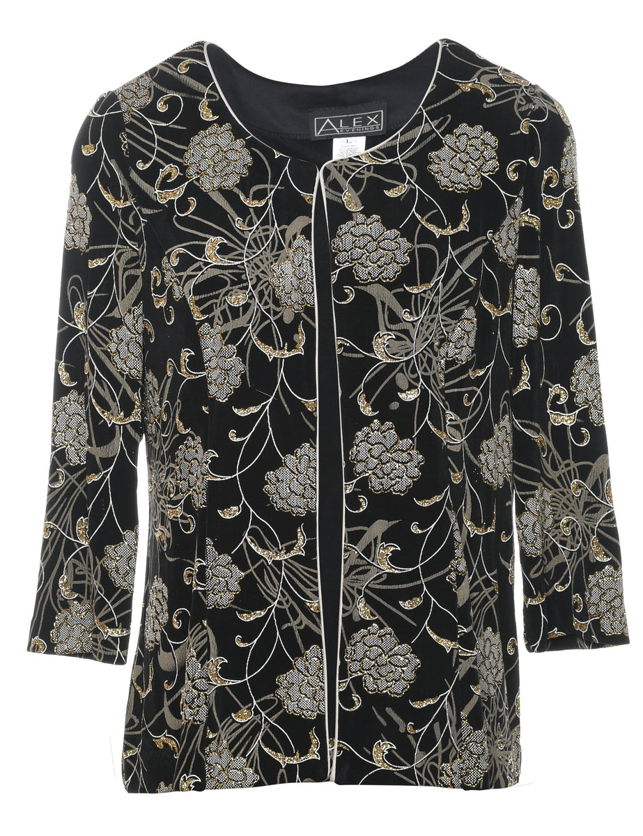 Vintage Women's Floral Pattern Black & Silver Evening Jacket Black, L ...