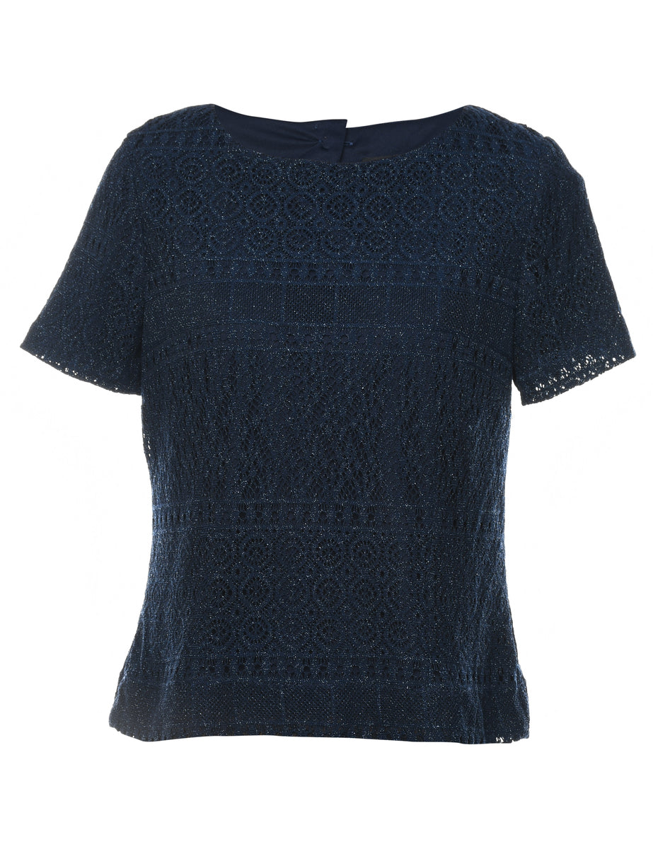 Women's Navy Metallic Finish Lace Evening Top Blue, M | Beyond Retro ...