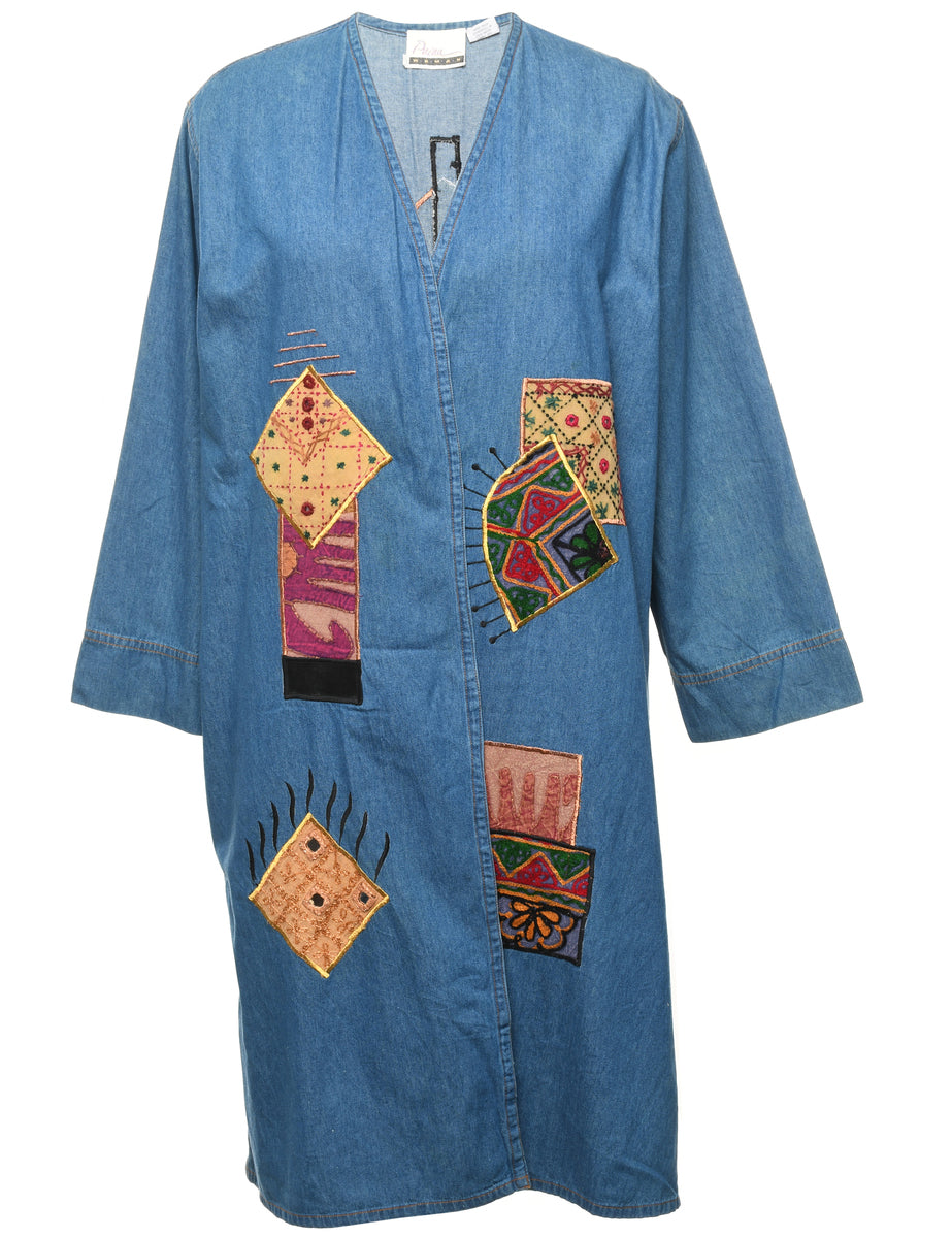 Vintage Women's Patchwork Applique Extra Long Denim Jacket Denim, XL ...