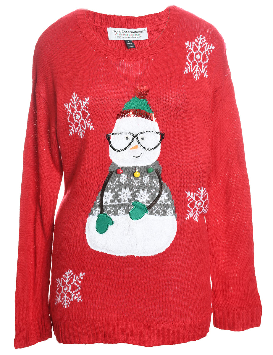 Vintage Women's Red Knit Snowman Design Christmas Jumper Red, L ...