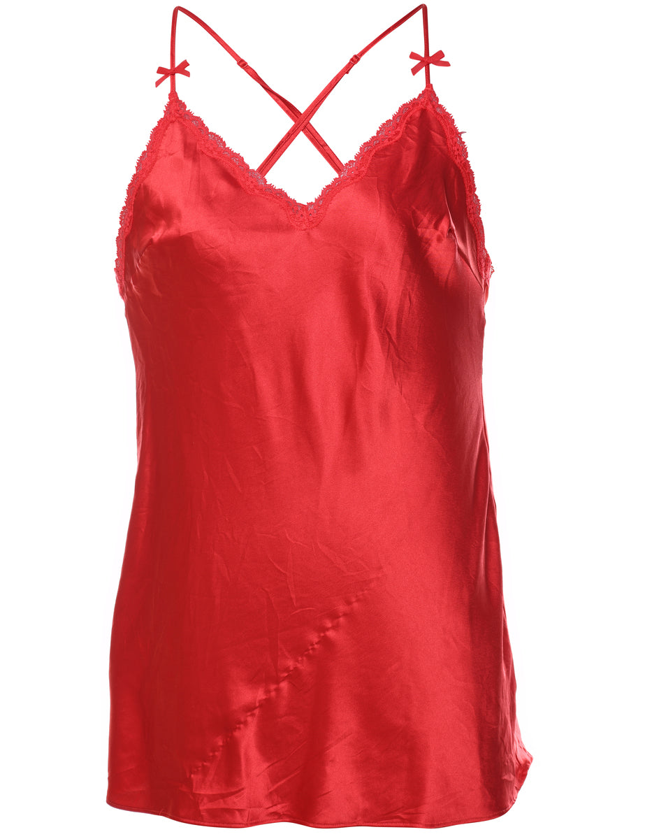 Women's Criss-Cross Back Red Lace Trim Silky Camisole Top Red, M ...